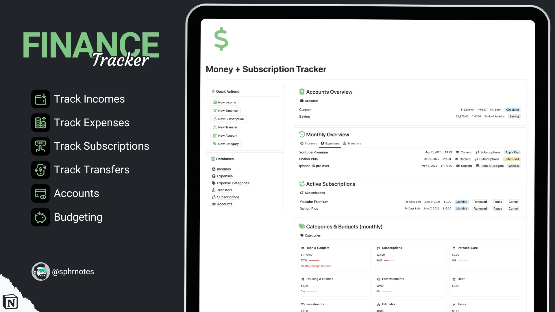 Personal Finance + Subscription Tracker - Finance Template